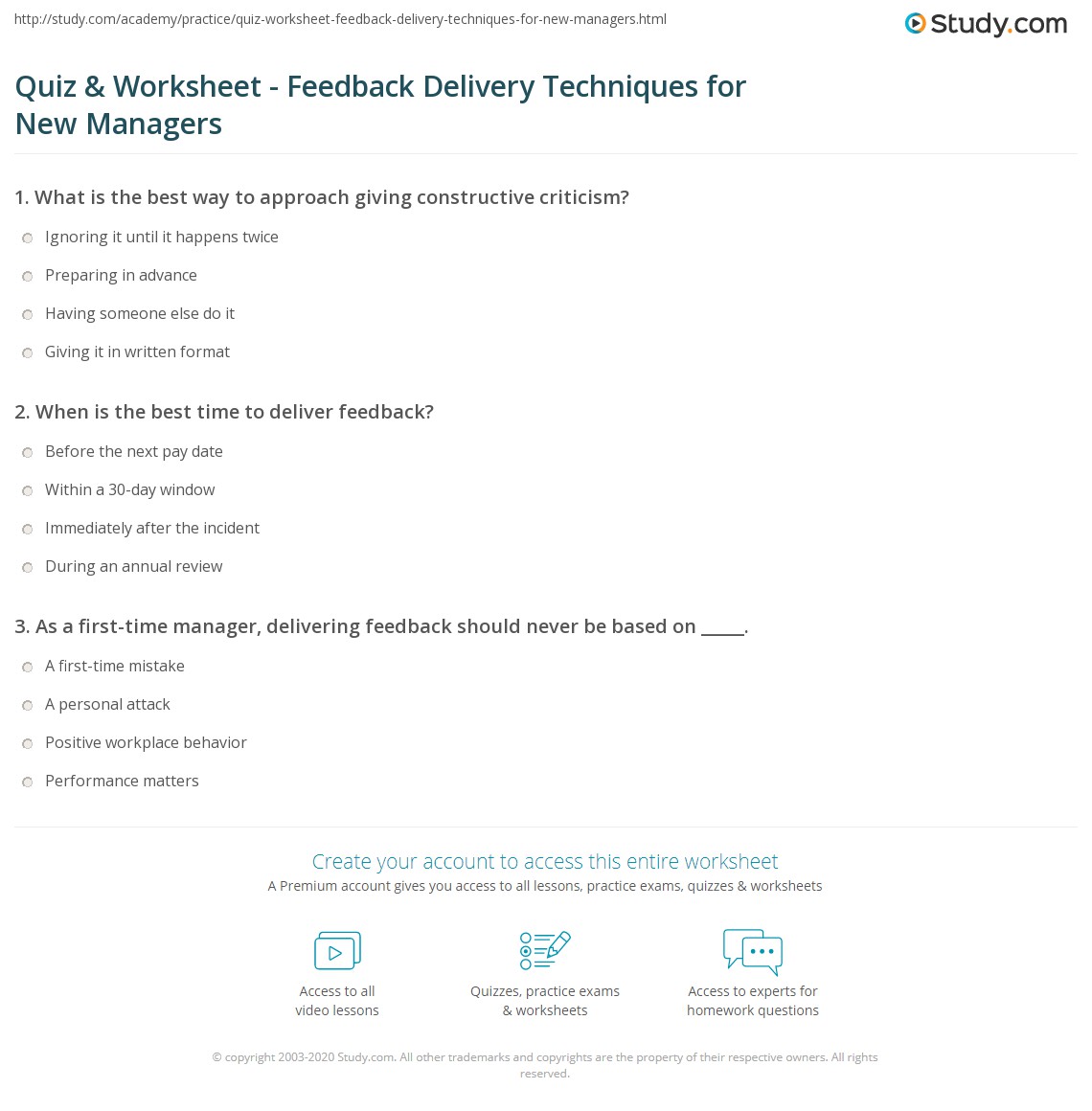 Quiz & Worksheet - Feedback Delivery Techniques for New Managers ...