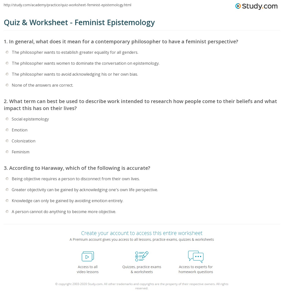 Quiz & Worksheet - Feminist Epistemology | Study.com