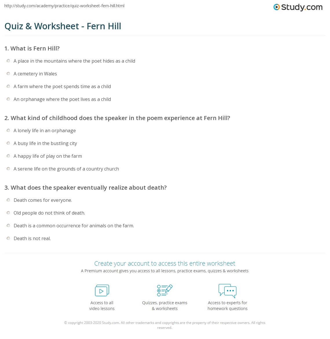 Quiz & Worksheet - Fern Hill | Study.com