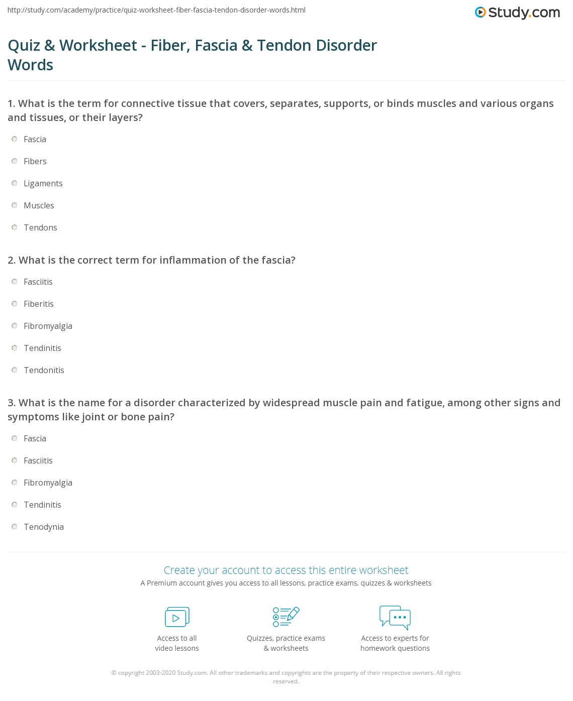 Quiz & Worksheet - Fiber, Fascia & Tendon Disorder Words | Study.com