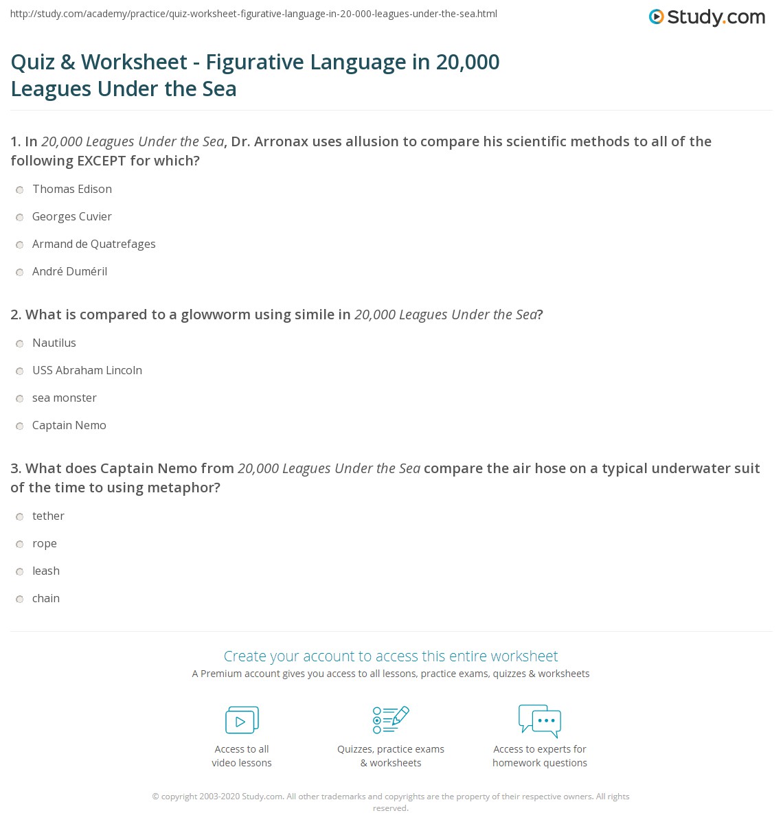 Quiz & Worksheet - Figurative Language in 20,000 Leagues Under the Sea ...