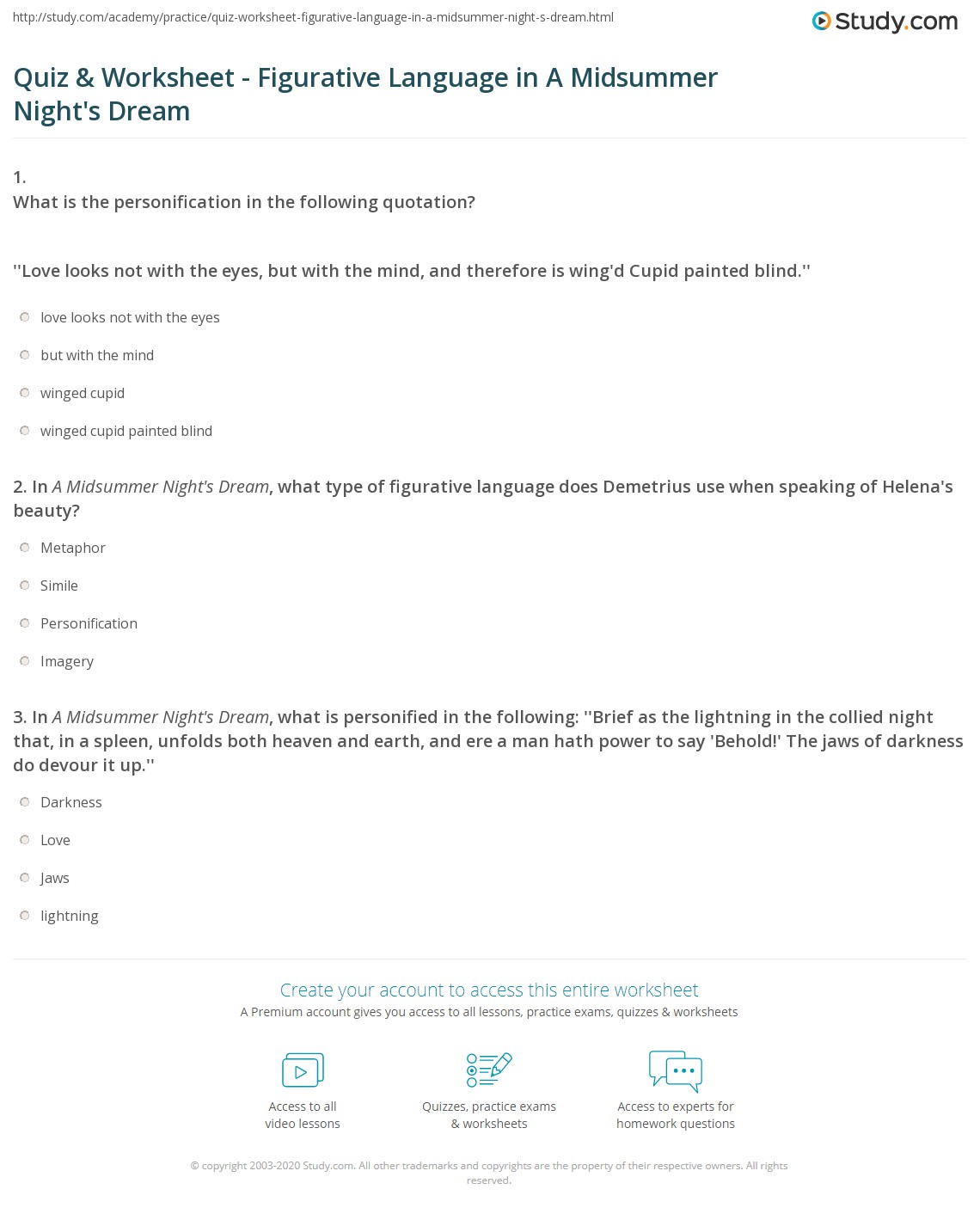 Quiz & Worksheet - Figurative Language in A Midsummer Night's Dream ...