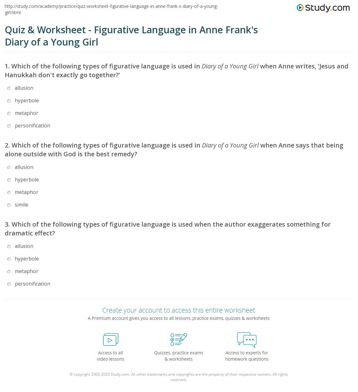 Quiz & Worksheet - Figurative Language in Anne Frank's Diary of a Young ...