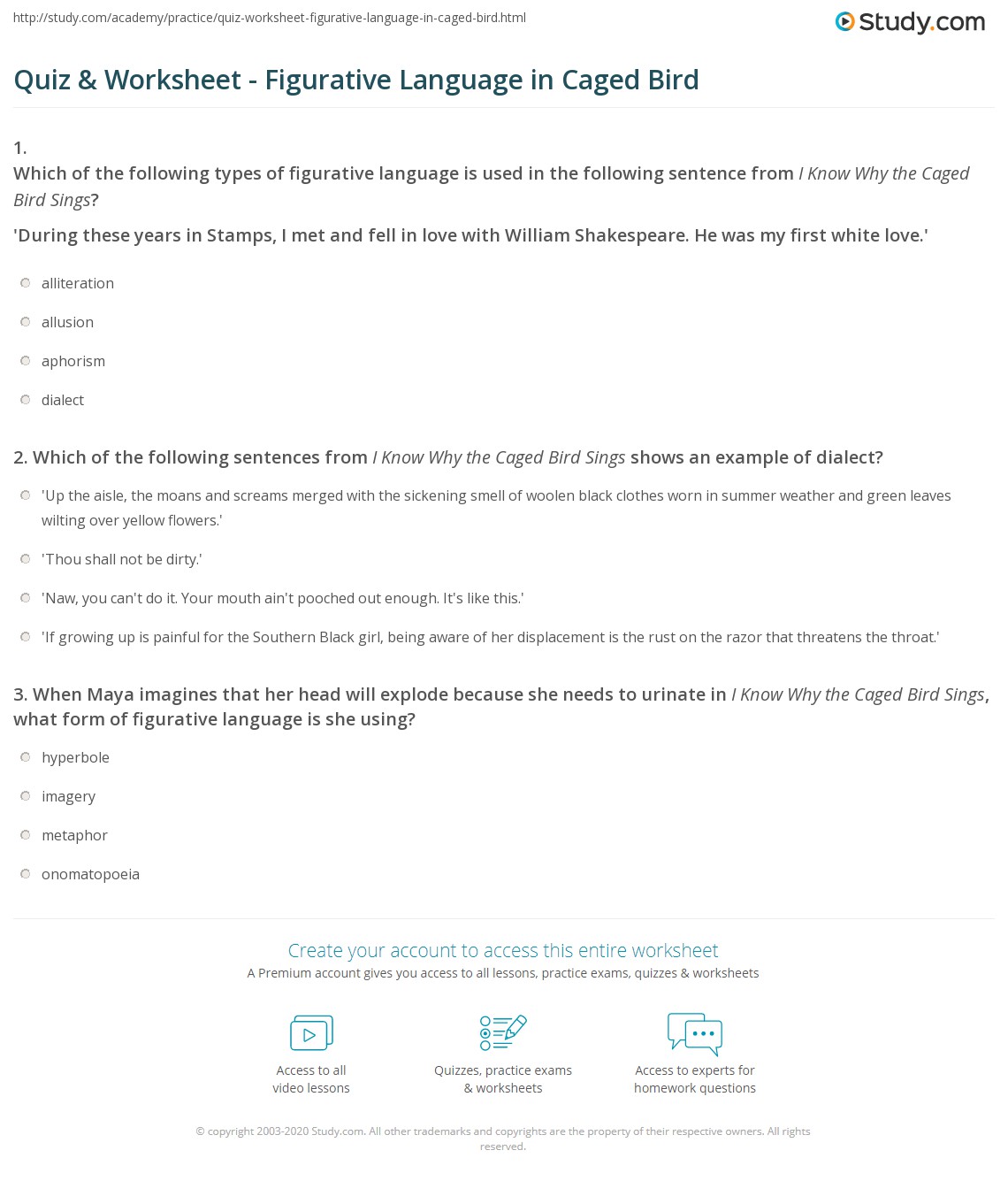 Quiz & Worksheet - Figurative Language in Caged Bird | Study.com