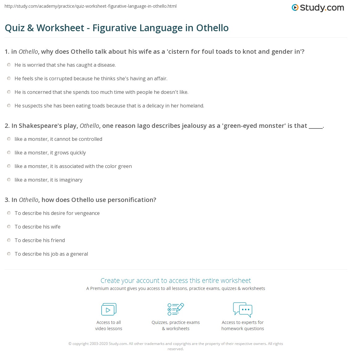 Quiz & Worksheet - Figurative Language in Othello | Study.com