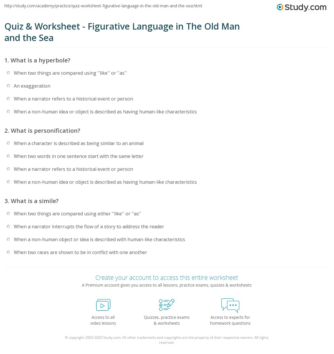 Quiz & Worksheet - Figurative Language in The Old Man and the Sea ...