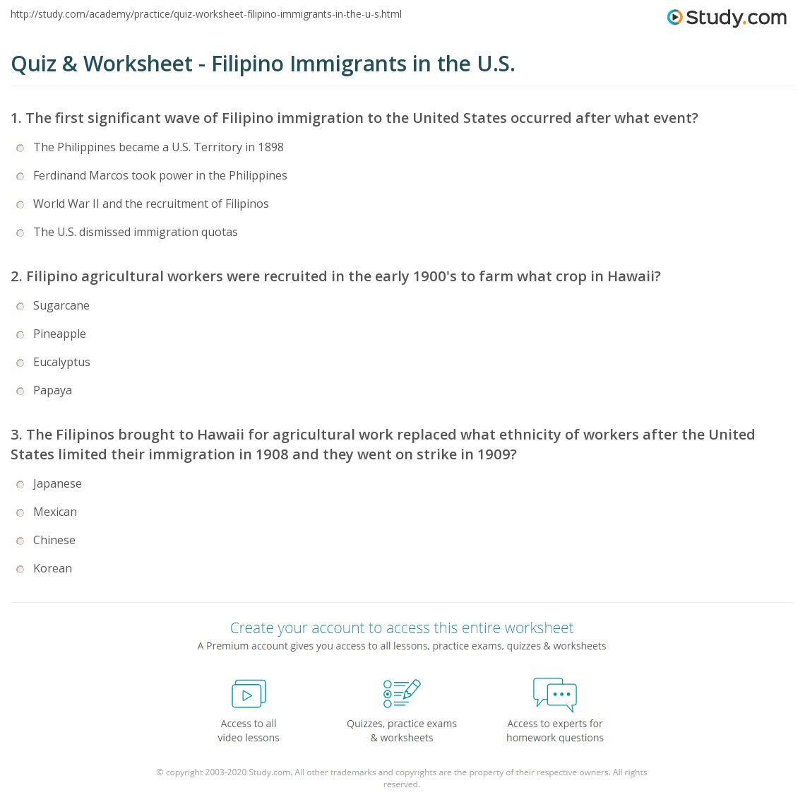 Quiz & Worksheet - Filipino Immigrants in the U.S. | Study.com