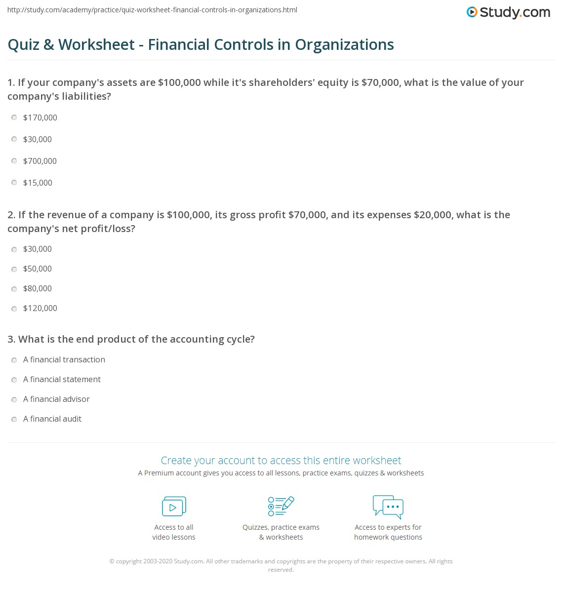 Quiz & Worksheet - Financial Controls in Organizations | Study.com