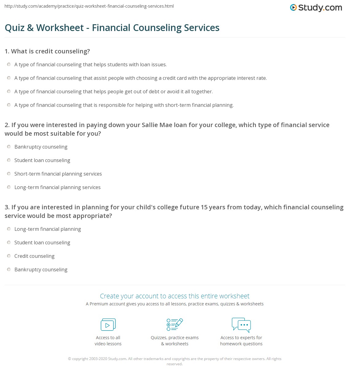 Quiz & Worksheet - Financial Counseling Services | Study.com