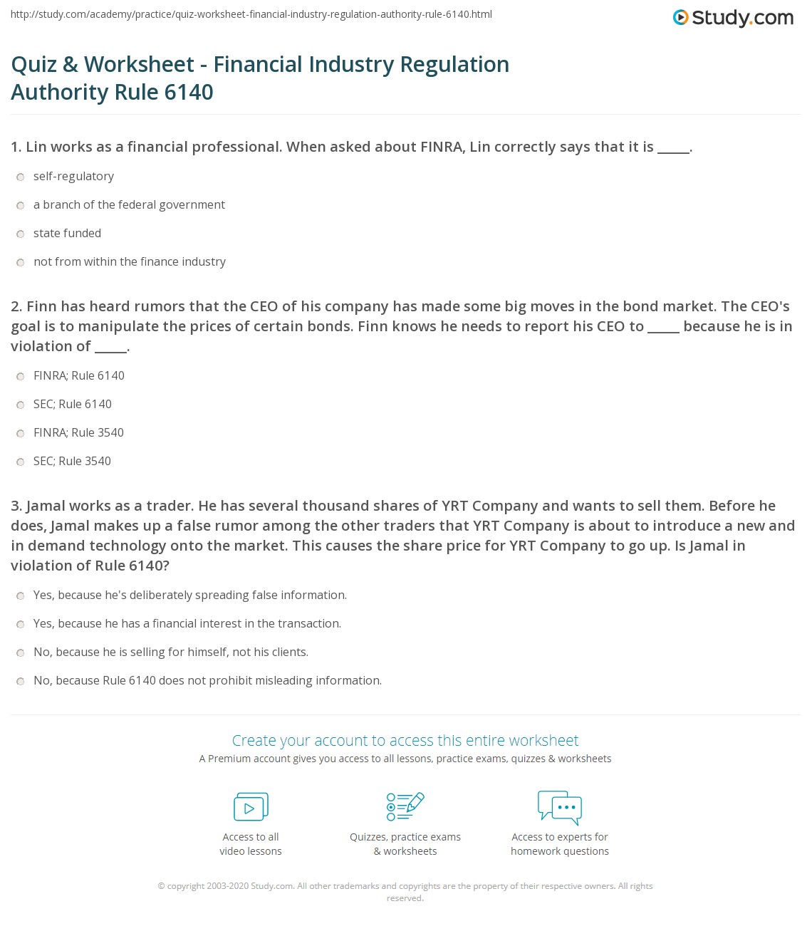 Quiz & Worksheet - Financial Industry Regulation Authority Rule 6140 ...