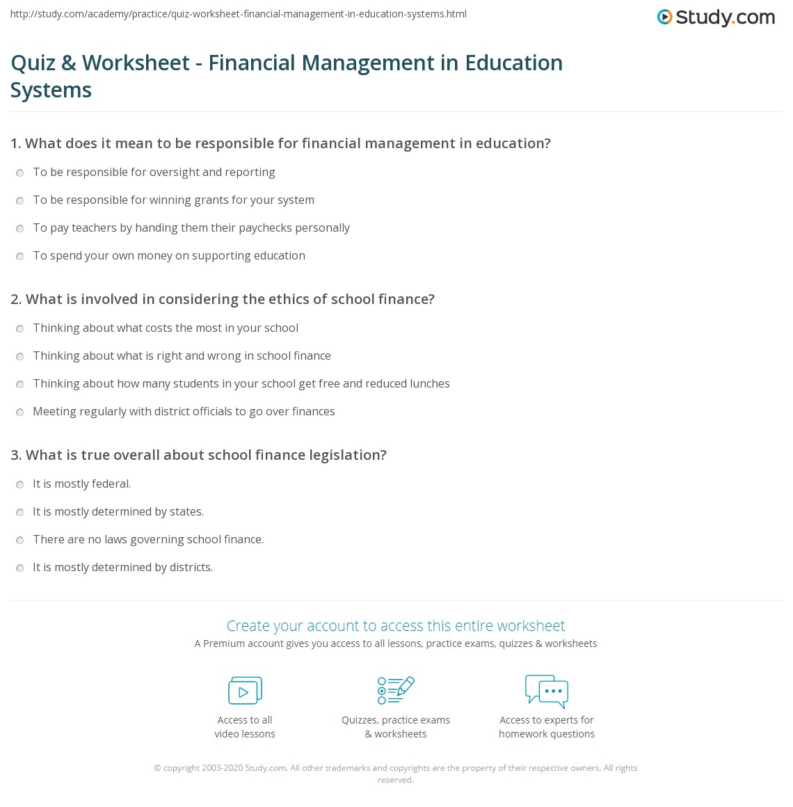 Quiz & Worksheet - Financial Management in Education Systems | Study.com