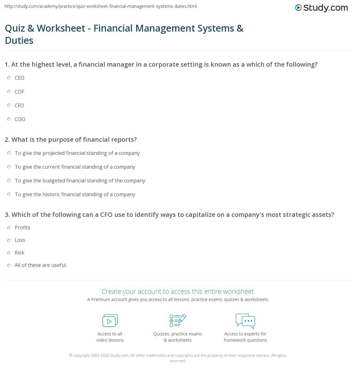 Quiz & Worksheet - Financial Management Systems & Duties | Study.com
