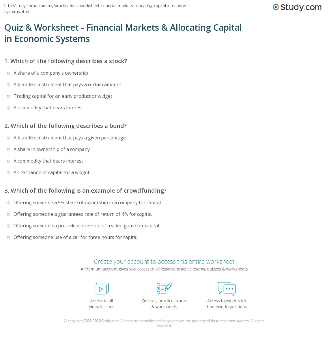 Quiz & Worksheet - Financial Markets & Allocating Capital in Economic ...