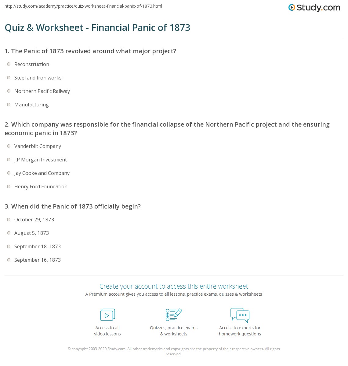 Quiz & Worksheet - Financial Panic of 1873 | Study.com