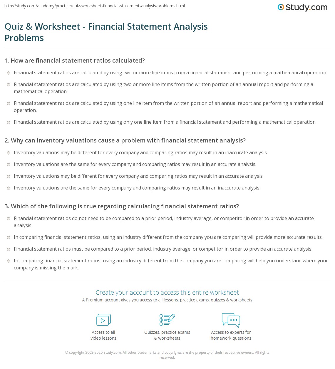Quiz Worksheet Financial Statement Analysis Problems Study Quiz Worksheet Financial Statement Analysis Problems Study