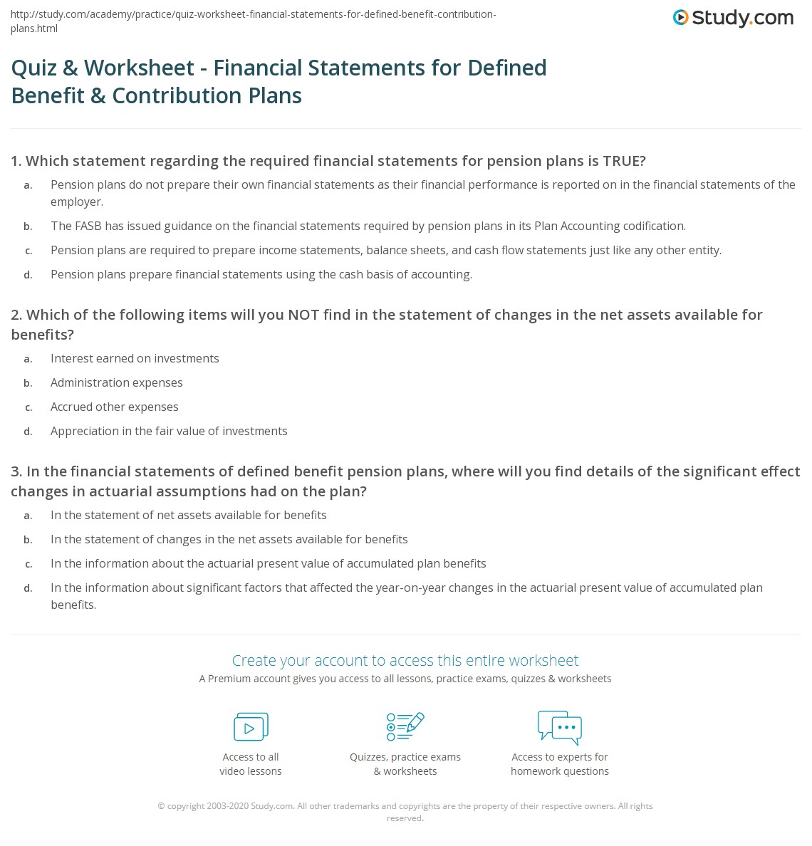 Quiz & Worksheet - Financial Statements for Defined Benefit ...