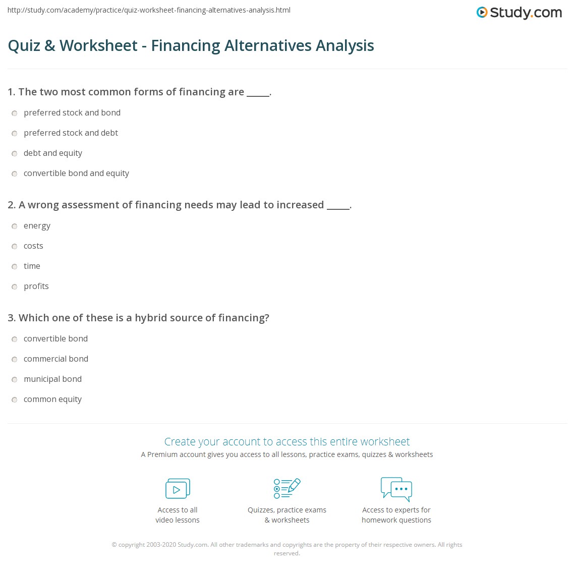 Quiz & Worksheet - Financing Alternatives Analysis | Study.com
