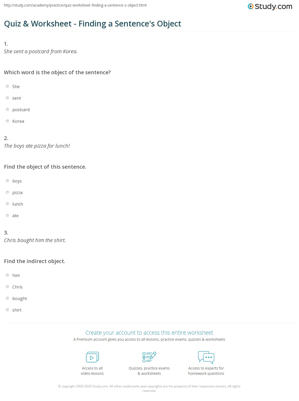 Quiz & Worksheet - Finding a Sentence's Object | Study.com
