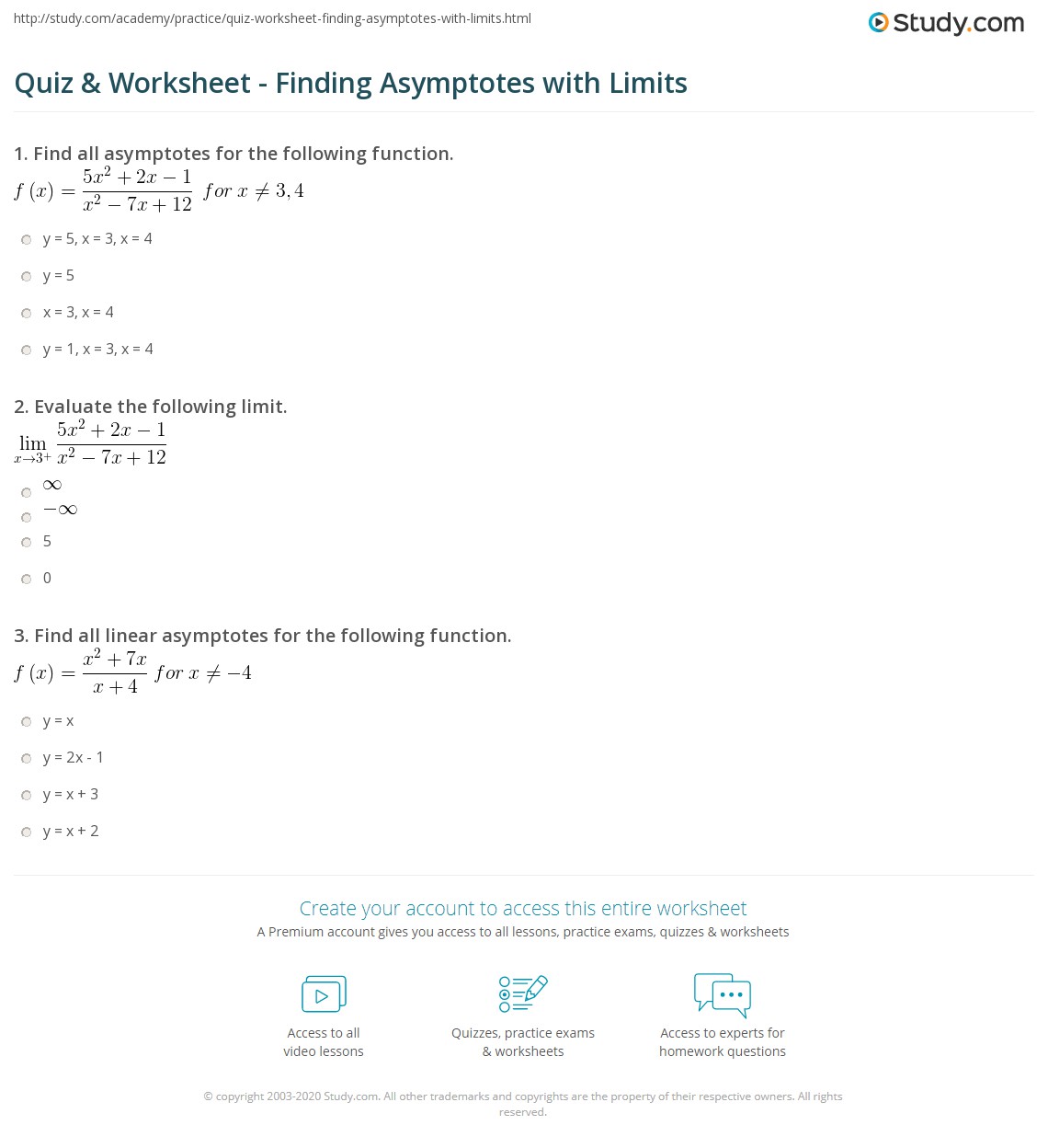 Quiz & Worksheet - Finding Asymptotes with Limits | Study.com