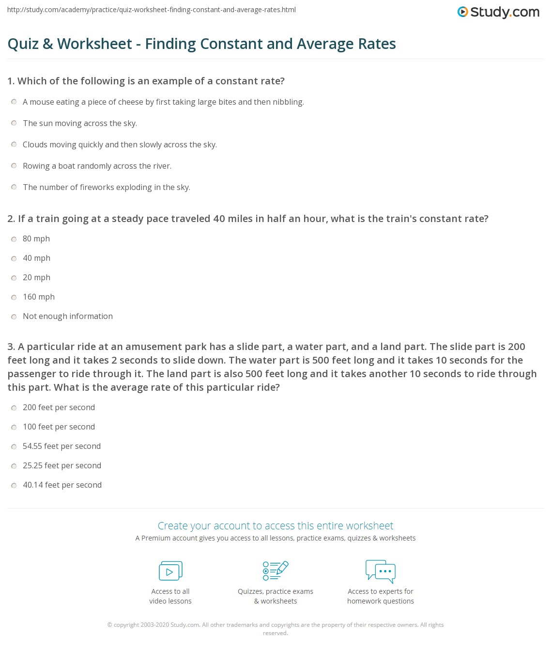 Quiz & Worksheet - Finding Constant and Average Rates | Study.com
