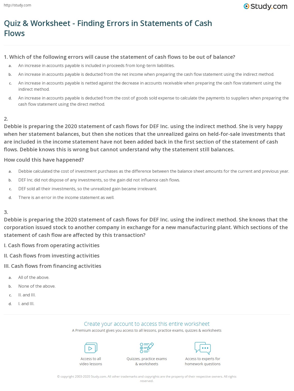 Quiz & Worksheet - Finding Errors in Statements of Cash Flows | Study.com