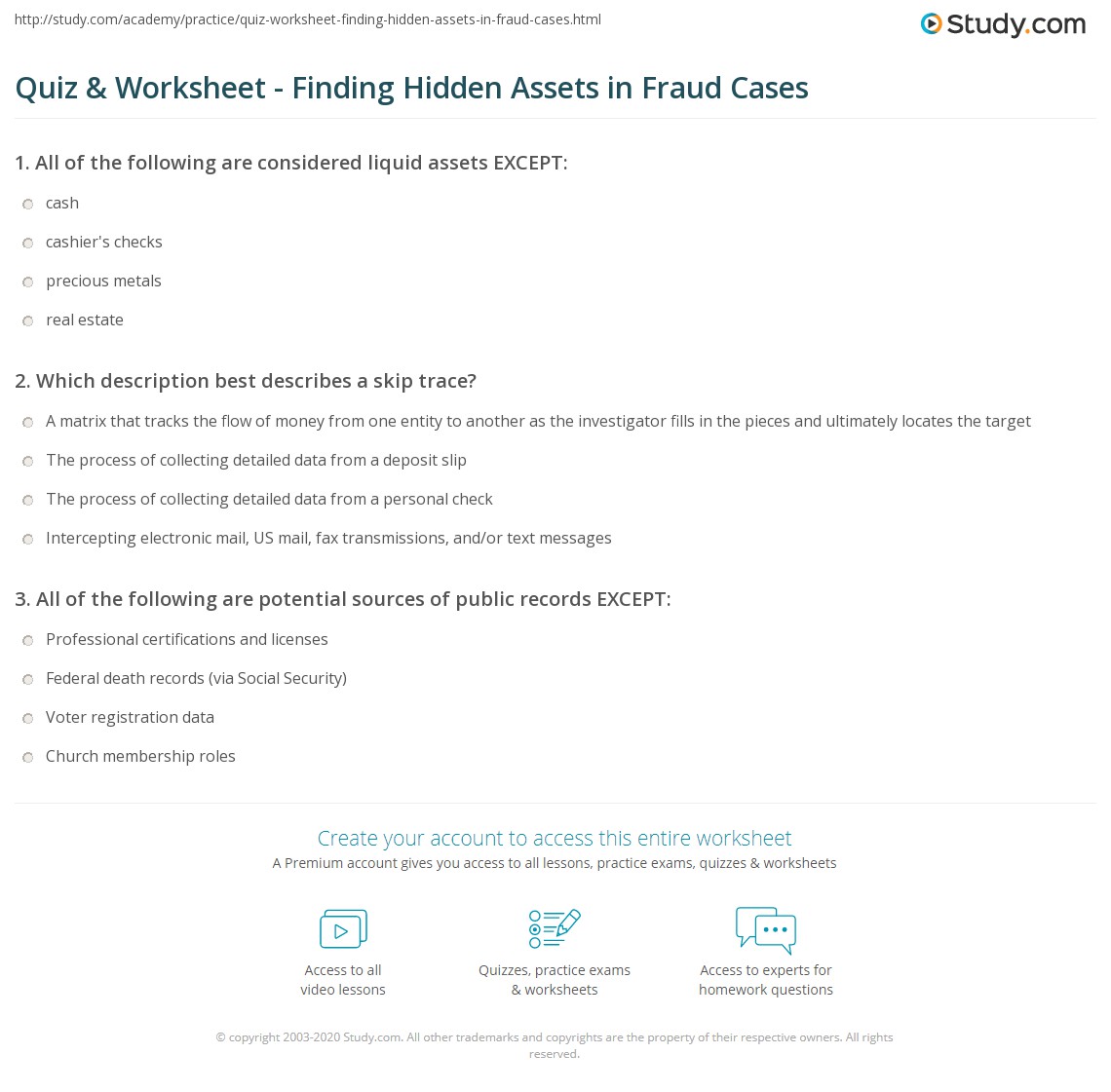 Quiz & Worksheet - Finding Hidden Assets in Fraud Cases | Study.com