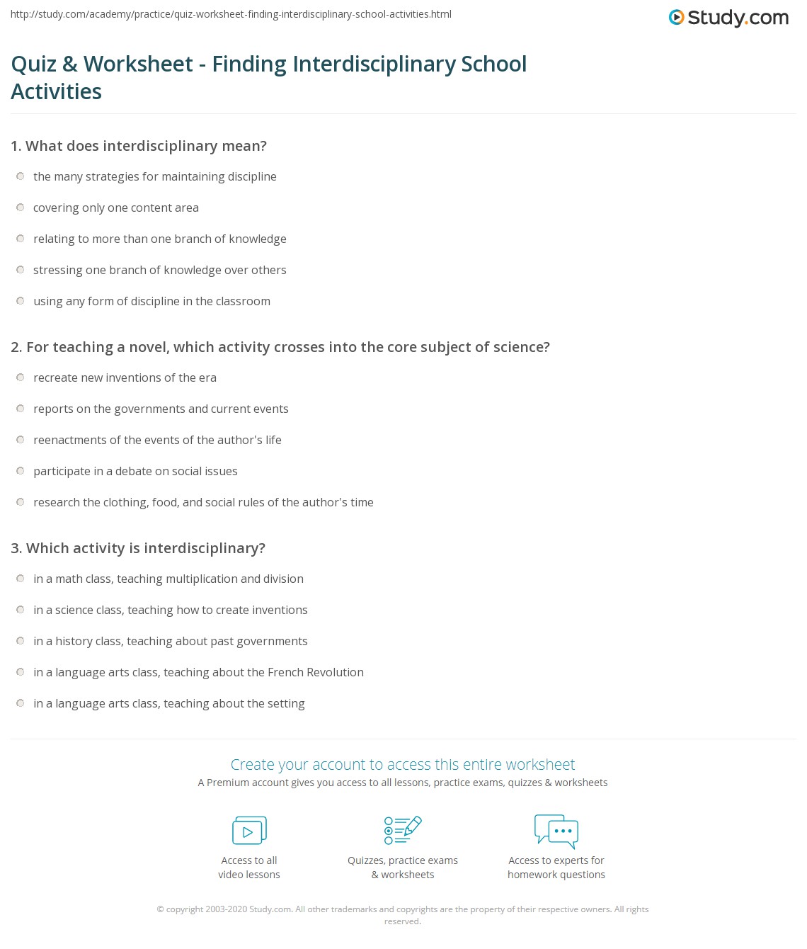 Quiz & Worksheet - Finding Interdisciplinary School Activities | Study.com