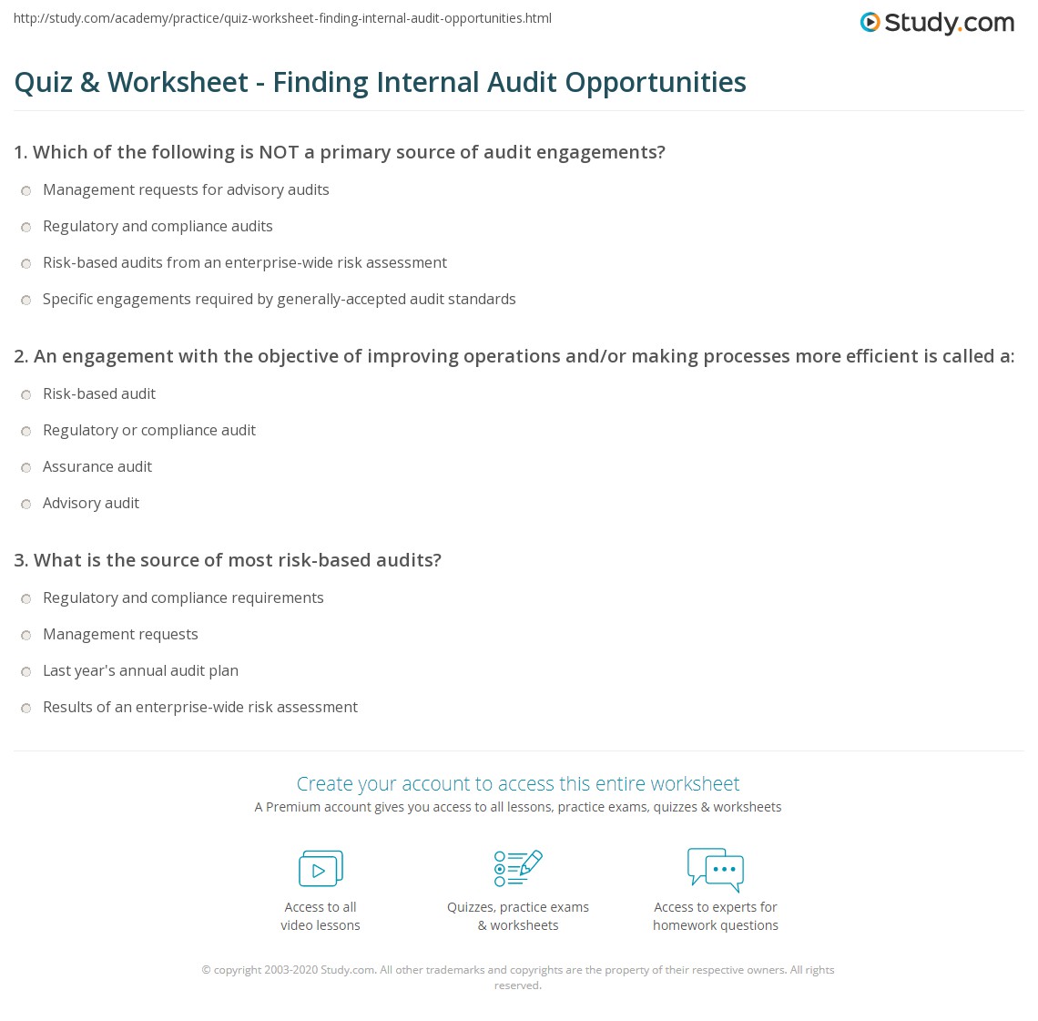 Quiz & Worksheet - Finding Internal Audit Opportunities | Study.com