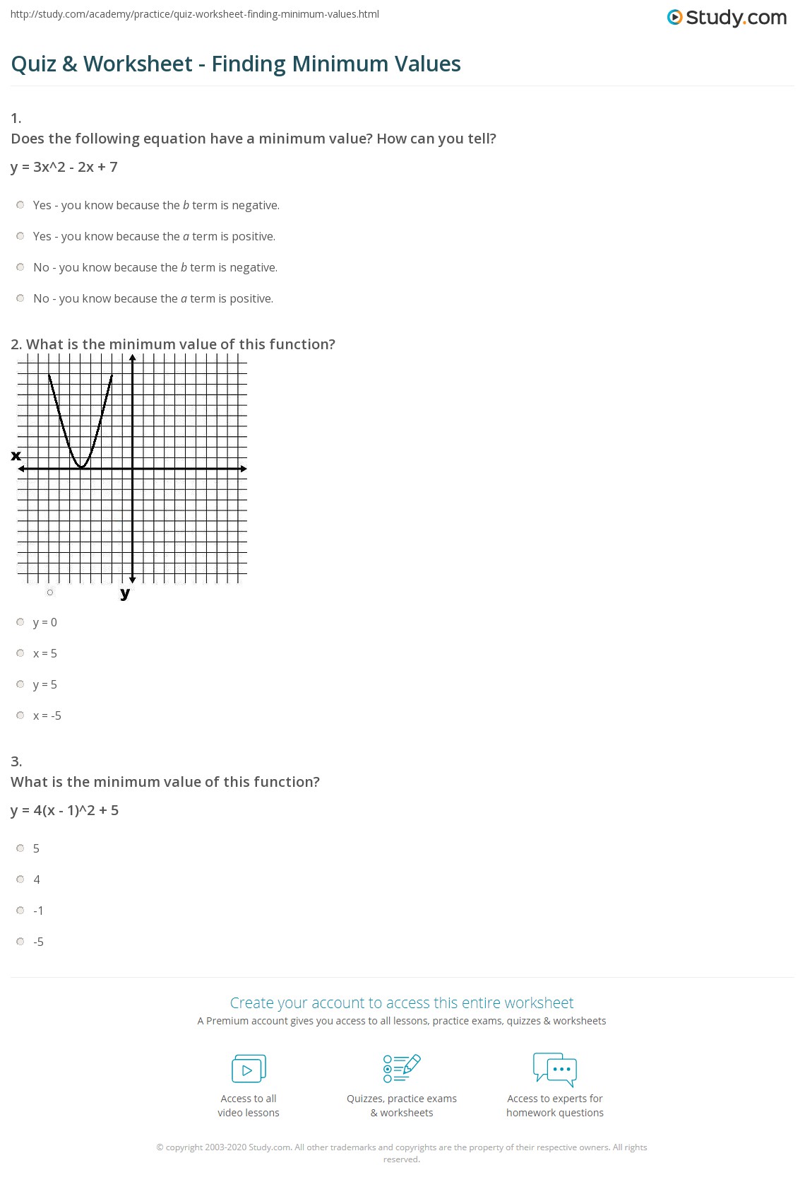Quiz & Worksheet - Finding Minimum Values | Study.com
