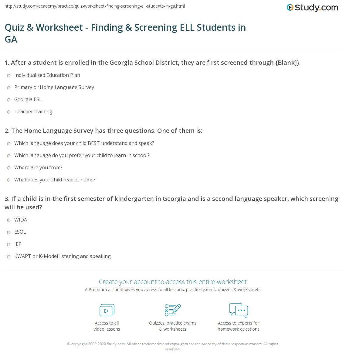 Quiz & Worksheet - Finding & Screening ELL Students in GA | Study.com