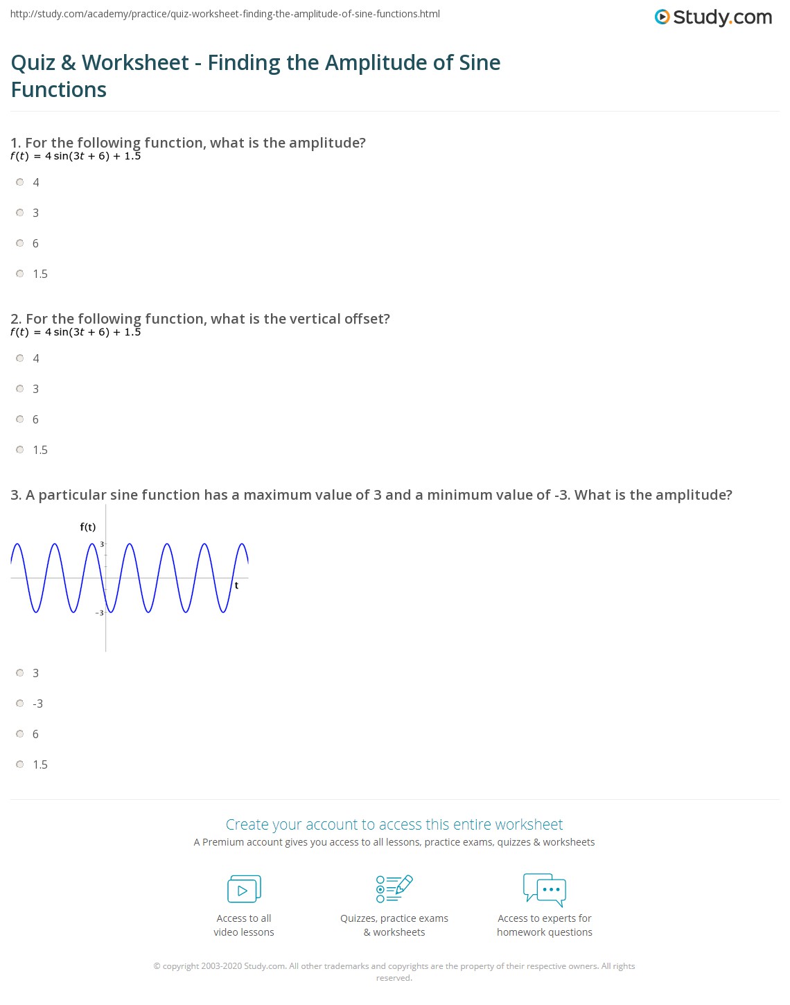Quiz & Worksheet - Finding the Amplitude of Sine Functions | Study.com
