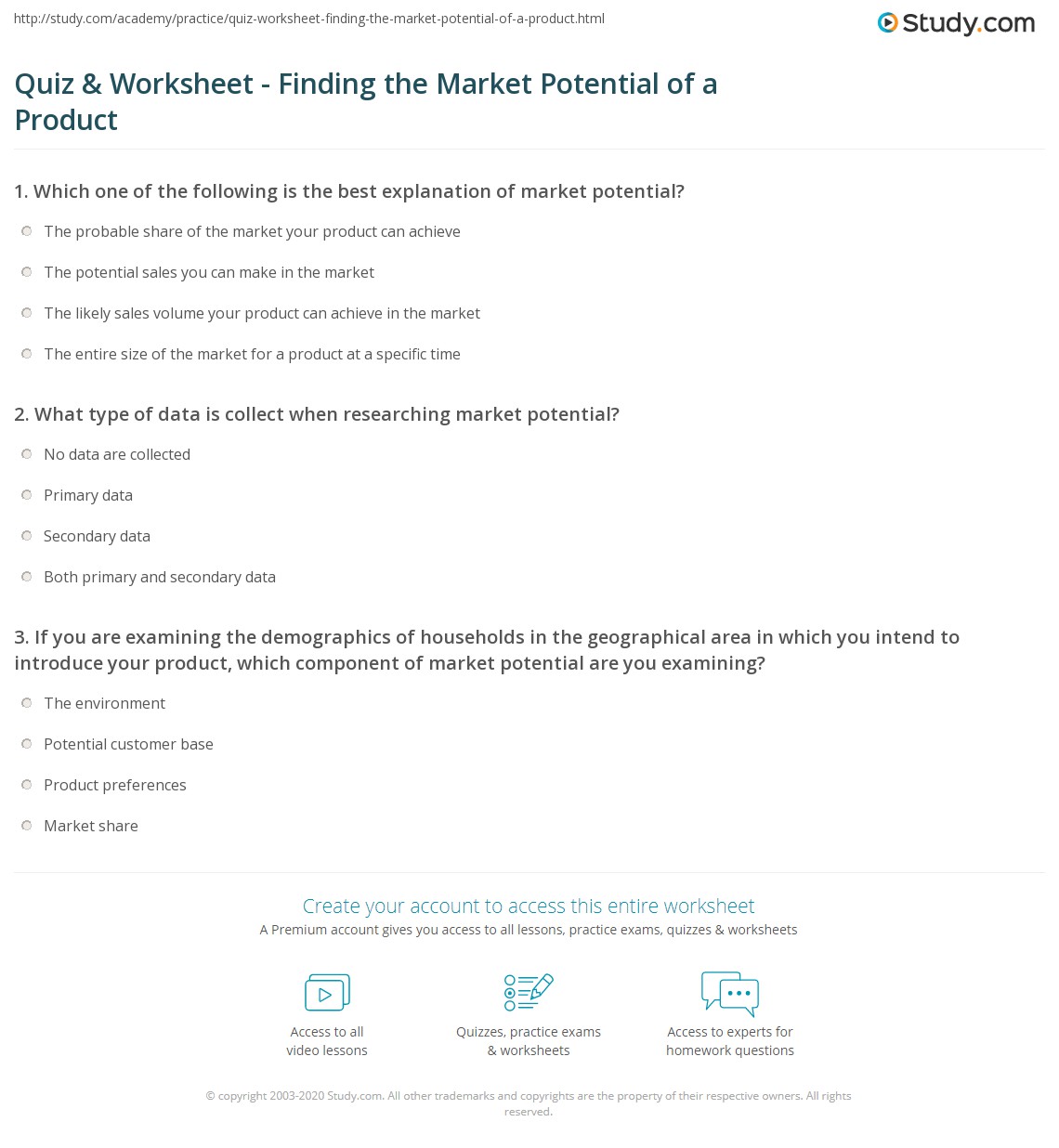 Quiz & Worksheet - Finding the Market Potential of a Product | Study.com