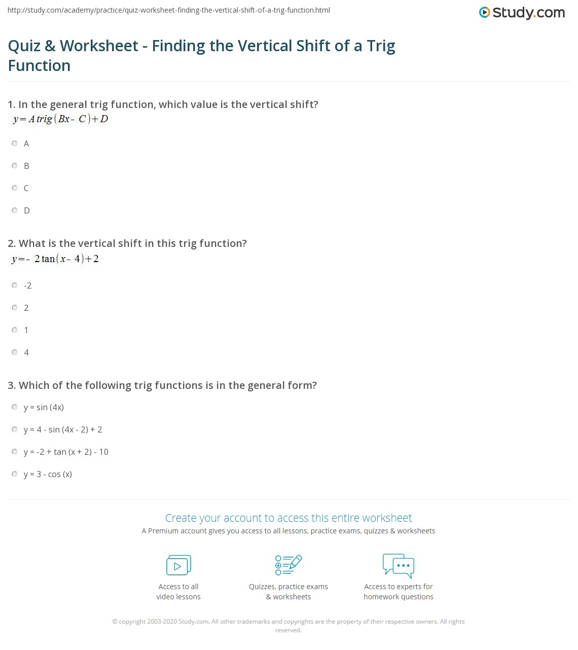 Quiz & Worksheet - Finding the Vertical Shift of a Trig Function ...