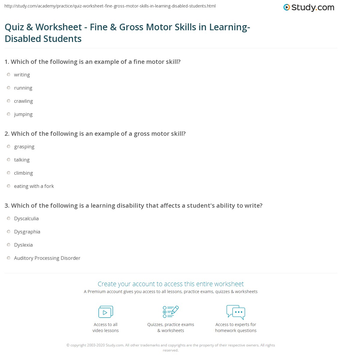 Quiz & Worksheet - Fine & Gross Motor Skills in Learning-Disabled ...