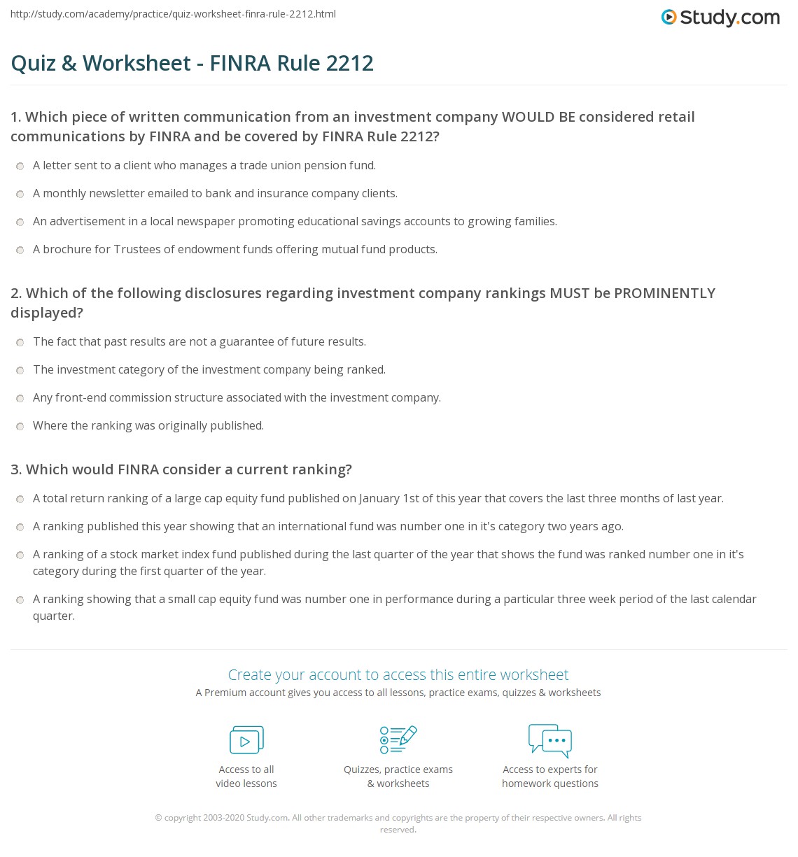 Quiz & Worksheet - FINRA Rule 2212 | Study.com