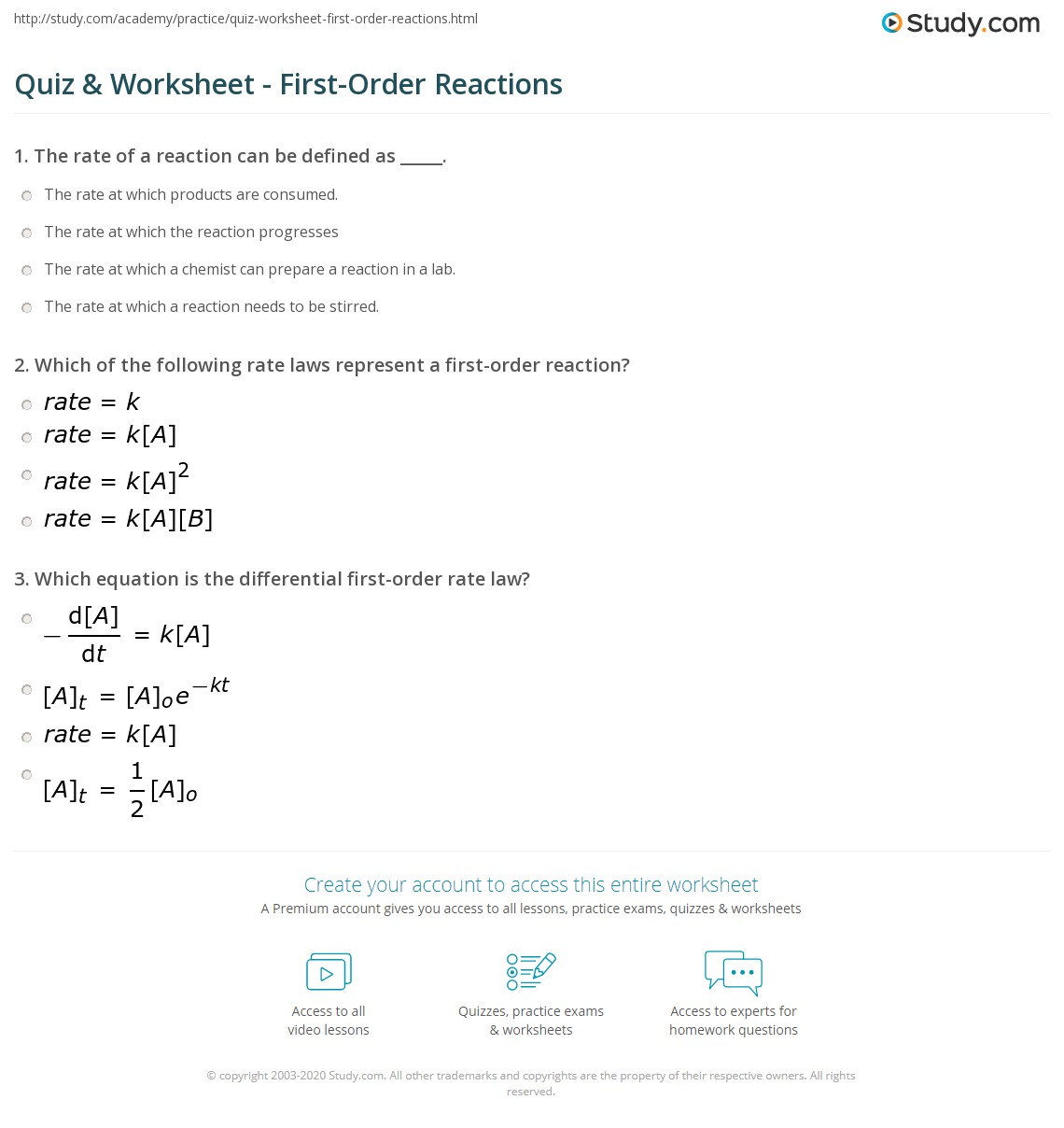 Quiz & Worksheet - First-Order Reactions | Study.com