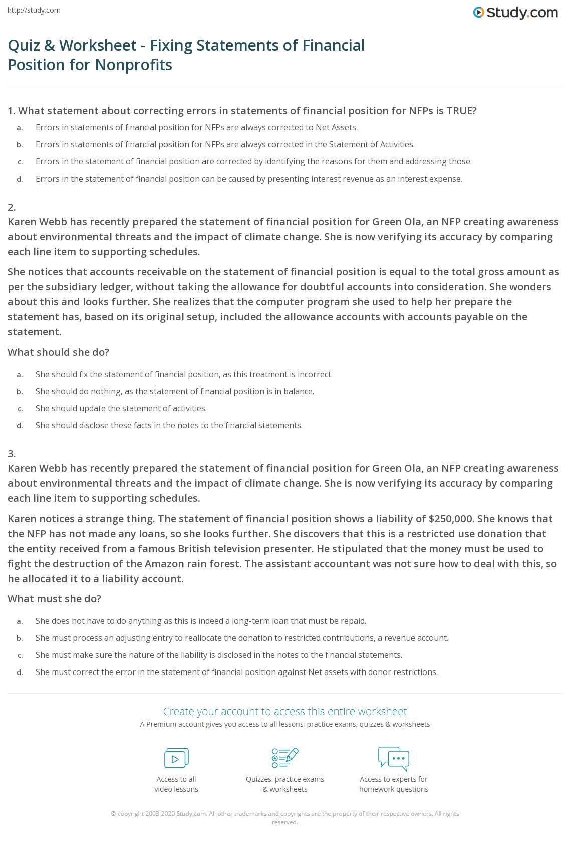 Quiz & Worksheet - Fixing Statements of Financial Position for ...