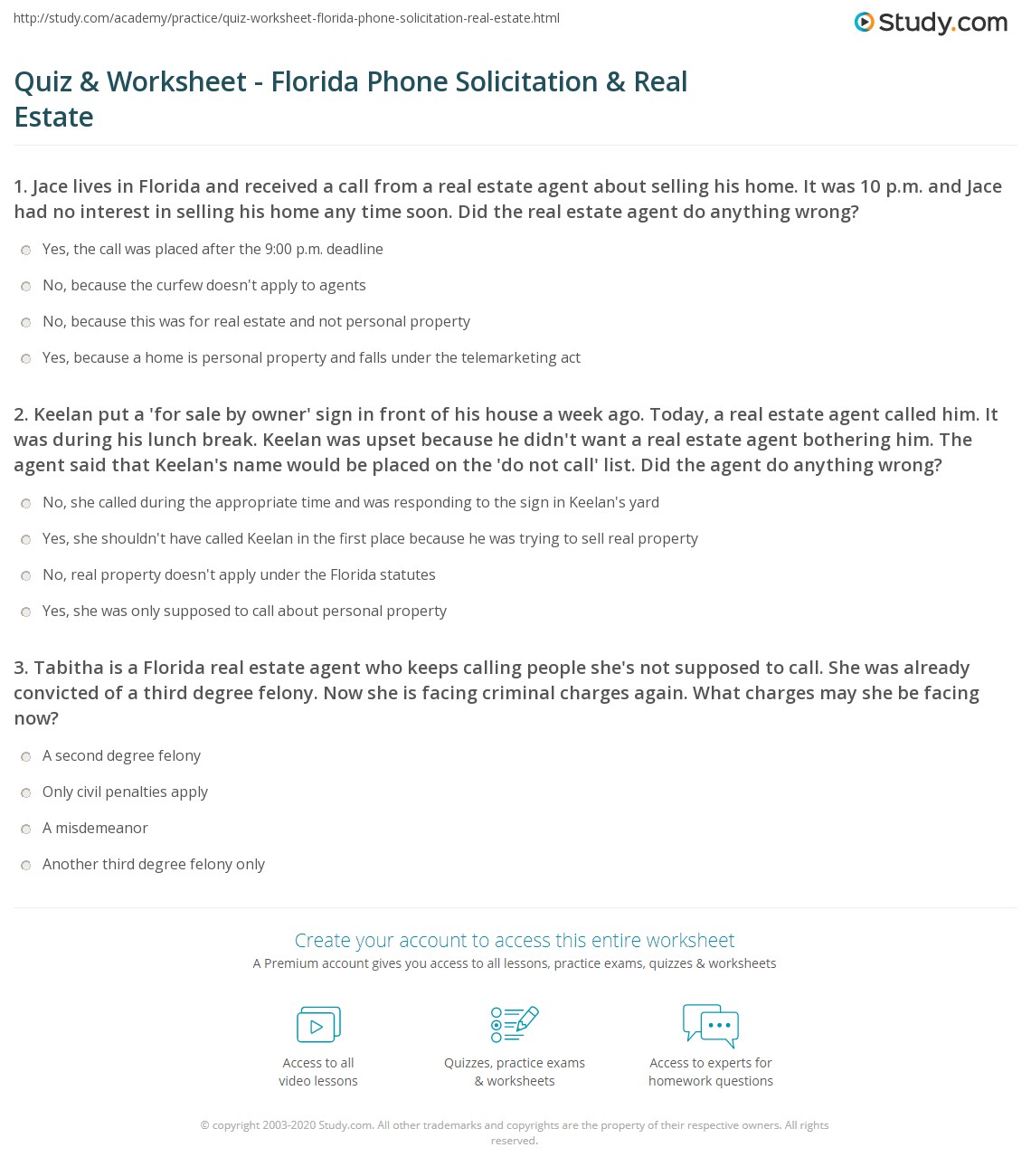 Quiz & Worksheet - Florida Phone Solicitation & Real Estate | Study.com