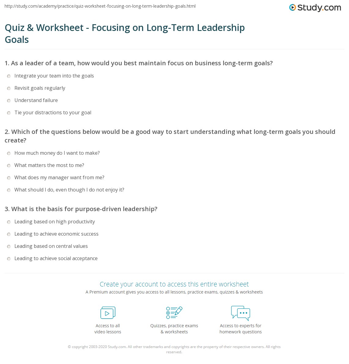 Quiz & Worksheet - Focusing on Long-Term Leadership Goals | Study.com