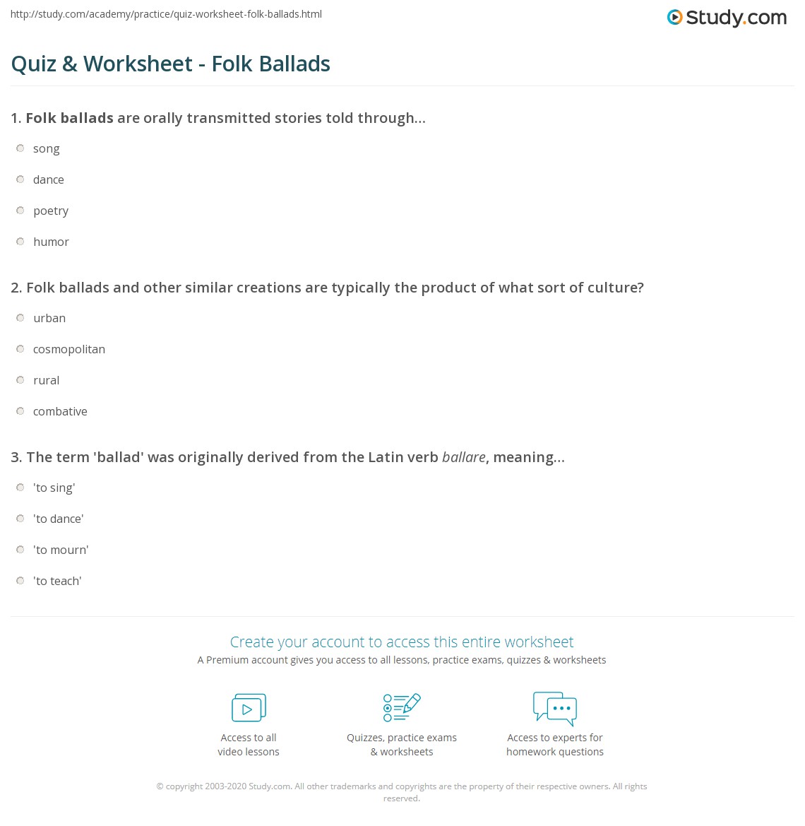 Quiz & Worksheet - Folk Ballads | Study.com