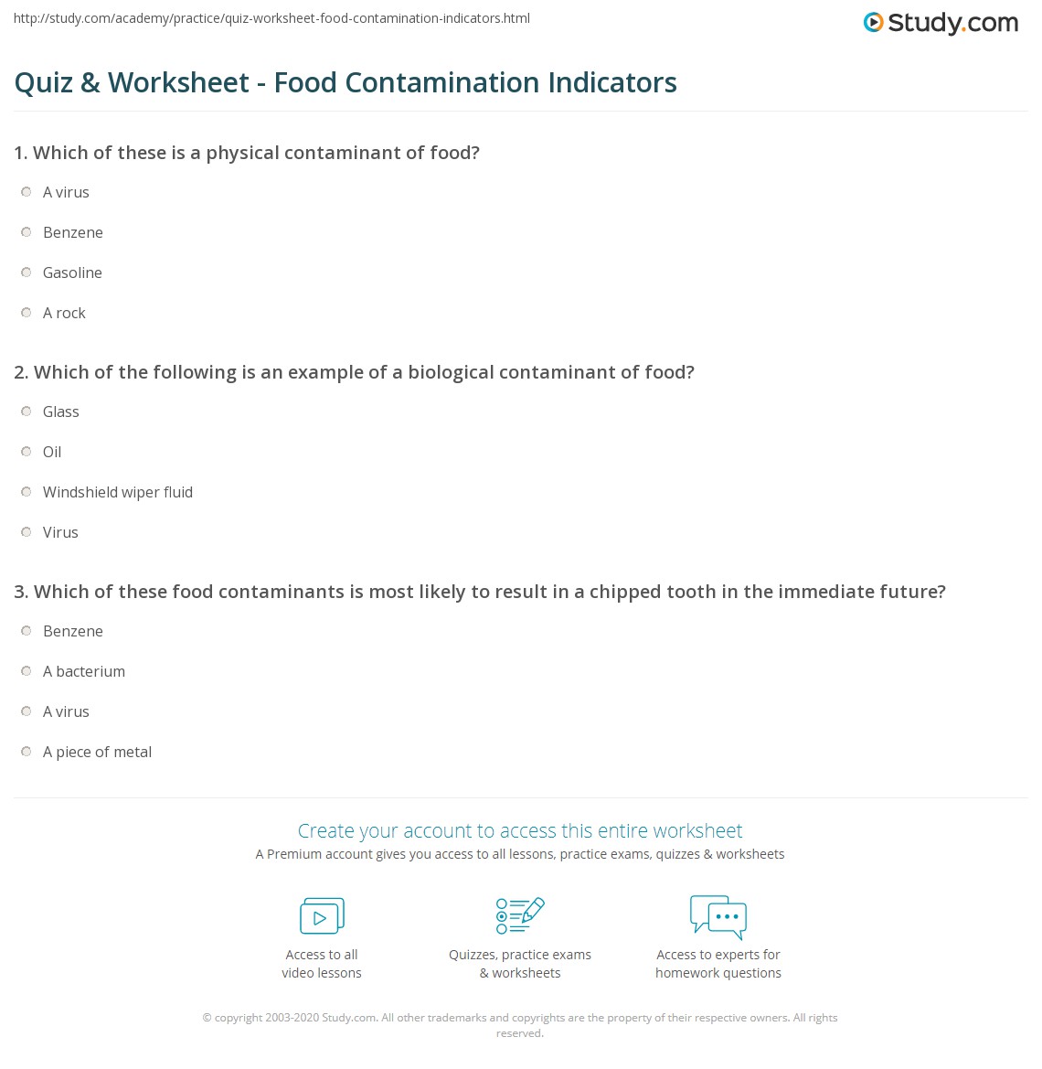 Quiz & Worksheet - Food Contamination Indicators | Study.com