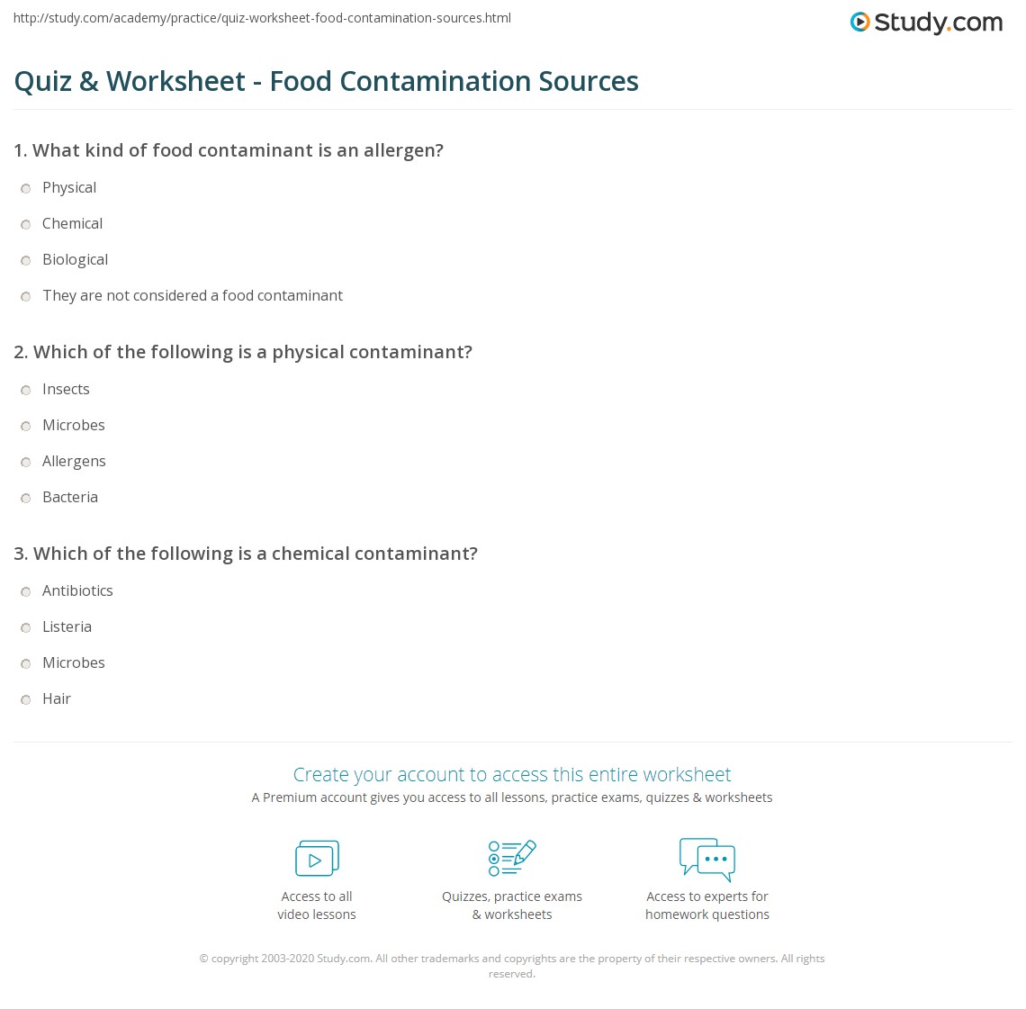 Quiz & Worksheet - Food Contamination Sources | Study.com