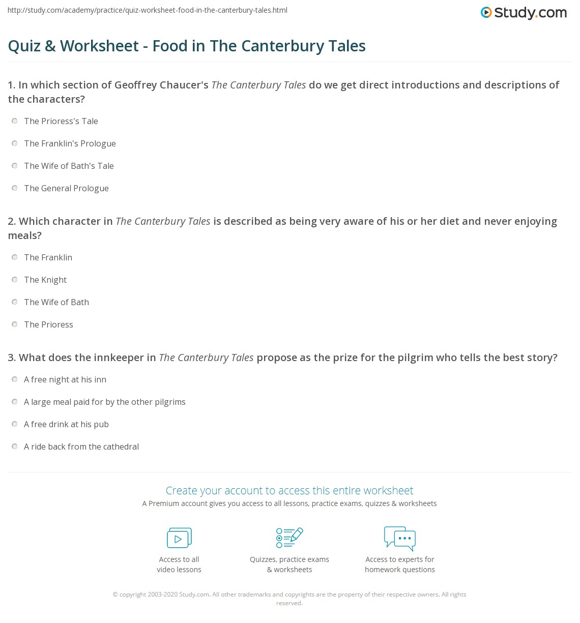 Quiz & Worksheet - Food in The Canterbury Tales | Study.com