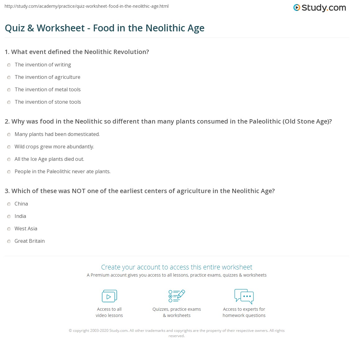 Quiz & Worksheet - Food in the Neolithic Age | Study.com