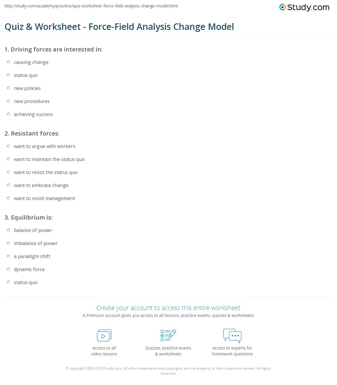 Quiz & Worksheet - Force-Field Analysis Change Model | Study.com