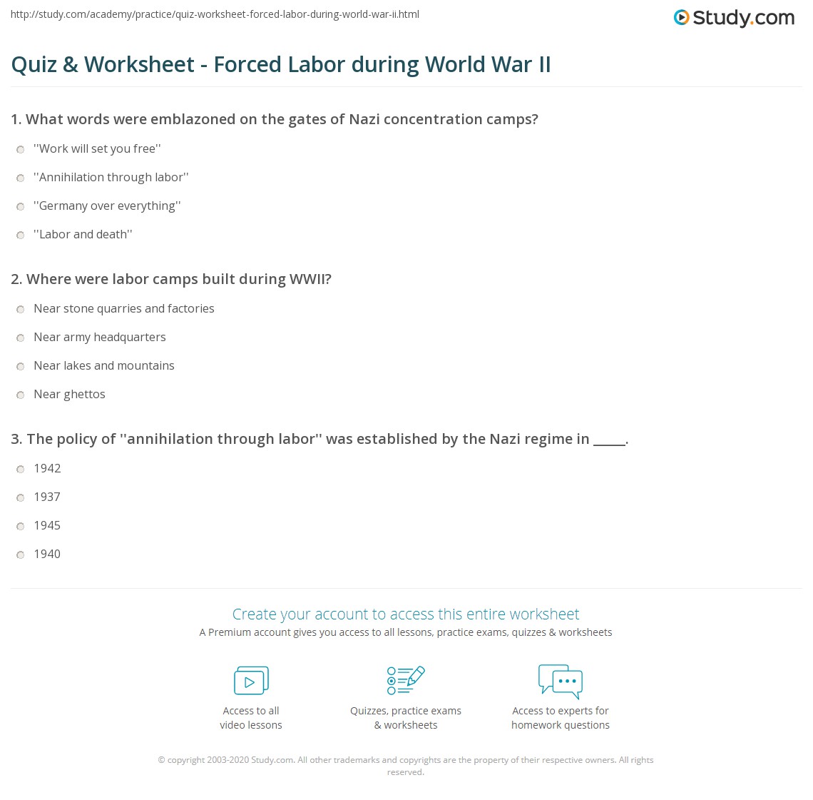Quiz & Worksheet - Forced Labor during World War II | Study.com
