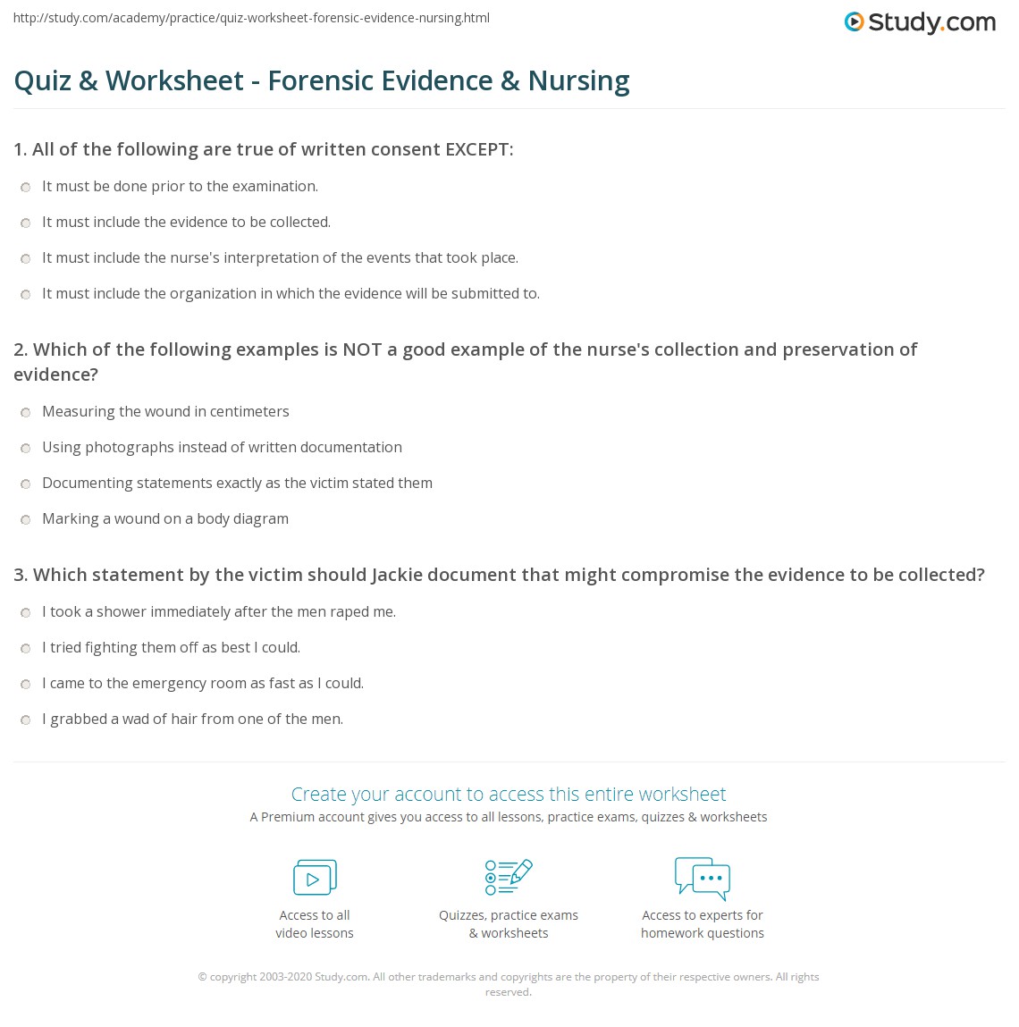 Quiz & Worksheet - Forensic Evidence & Nursing | Study.com