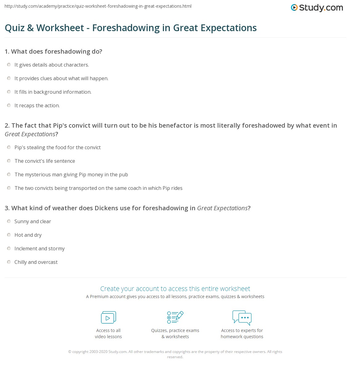 Quiz & Worksheet - Foreshadowing in Great Expectations | Study.com