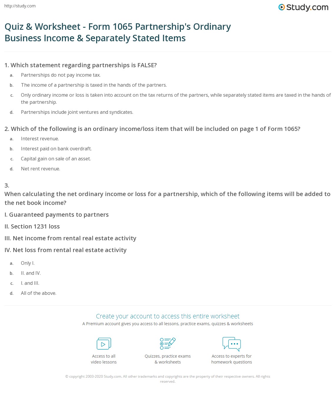 Quiz & Worksheet - Form 1065 Partnership's Ordinary Business Income ...