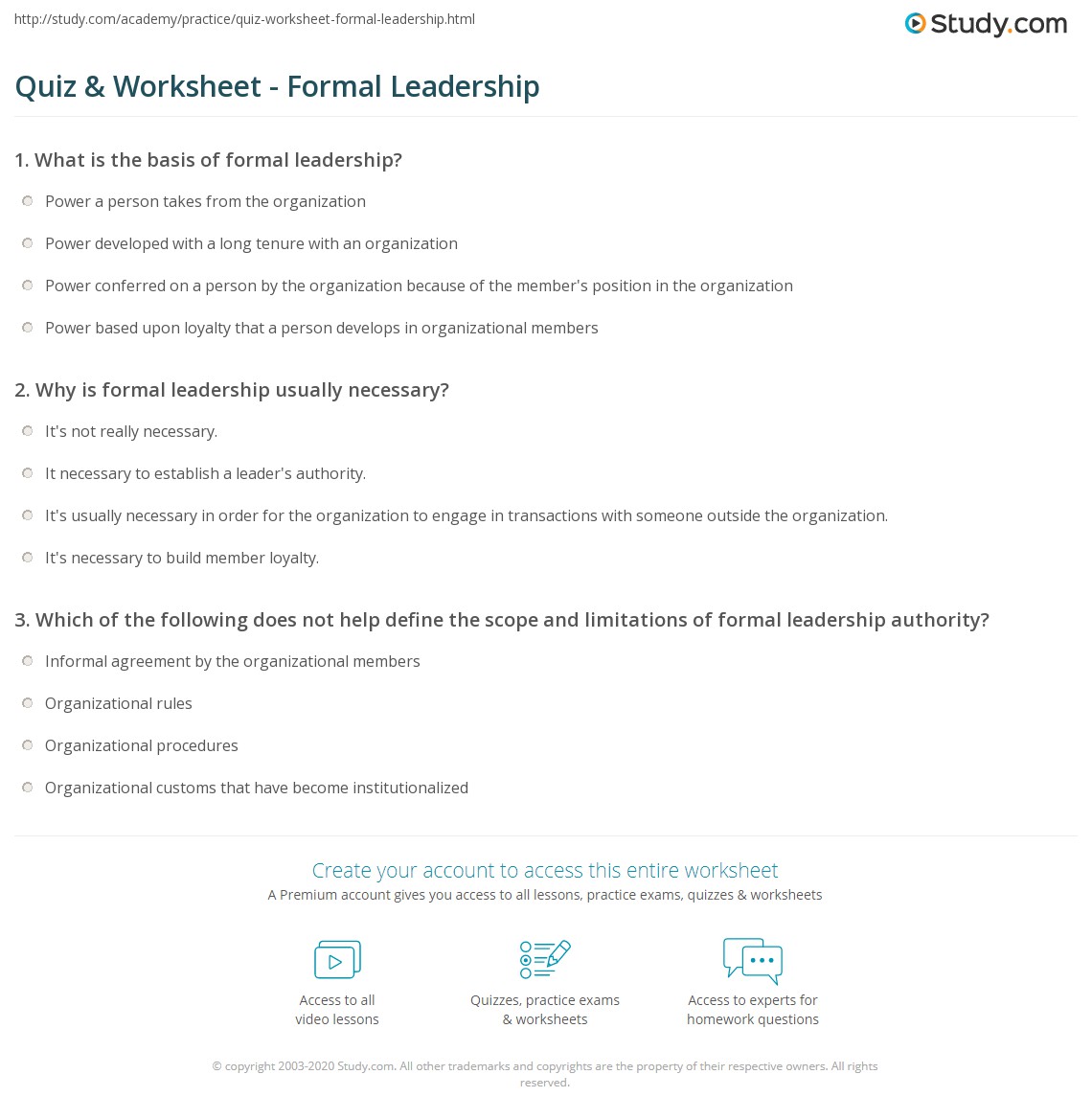 Quiz & Worksheet - Formal Leadership | Study.com